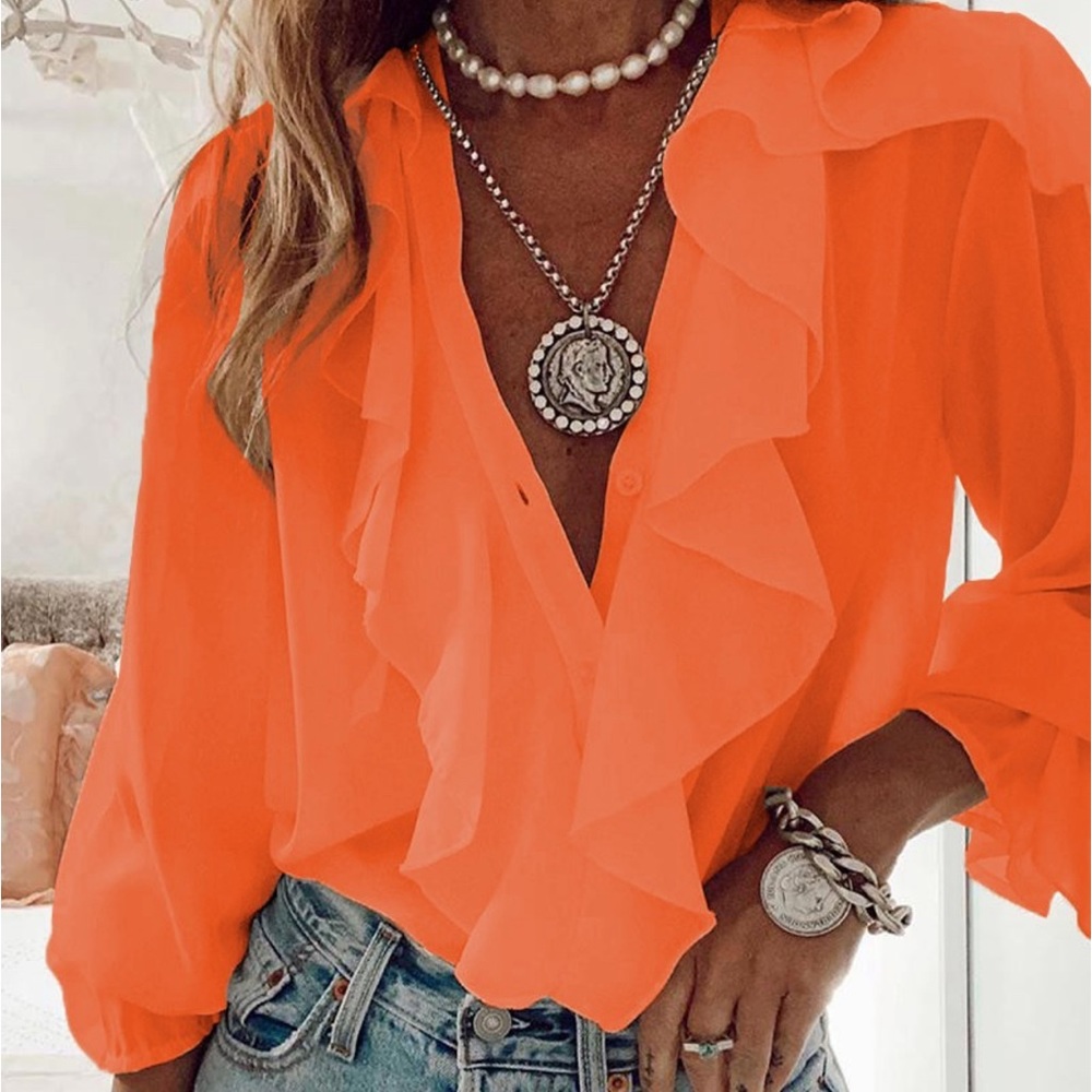 970. Chic Me Ruffles Button Down Design Long Sleeve V… - Gem